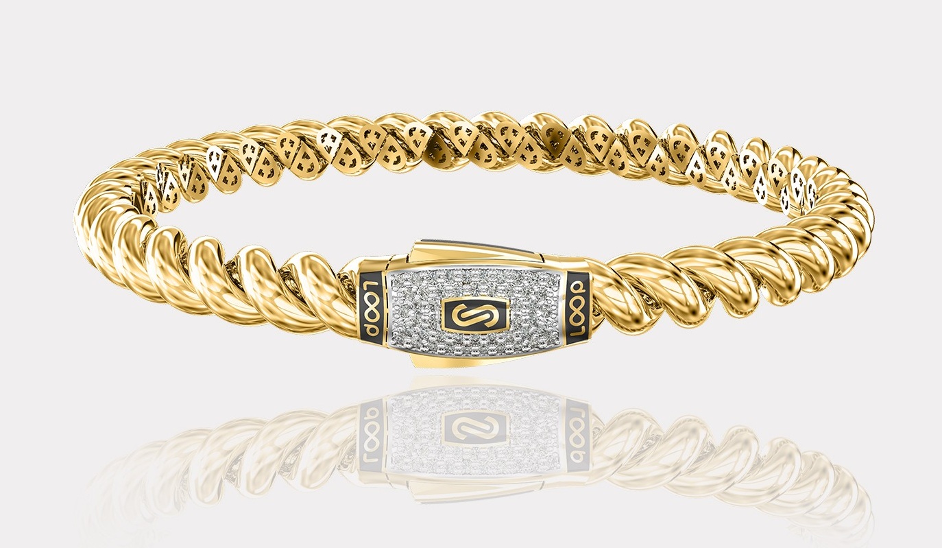 צמיד LOOP MONACO זהב צהוב 14K קשיח-קפיצי עם מנעול משובץ סברובסקי | יוסי ...